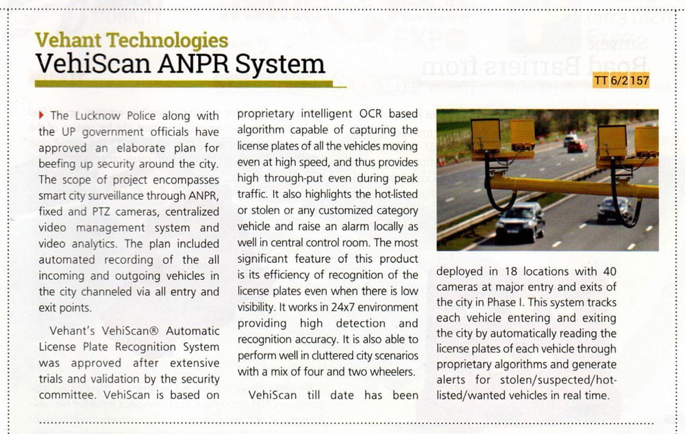 Lucknow City Secured with VehiScan ANPR System - Vehant Technologies